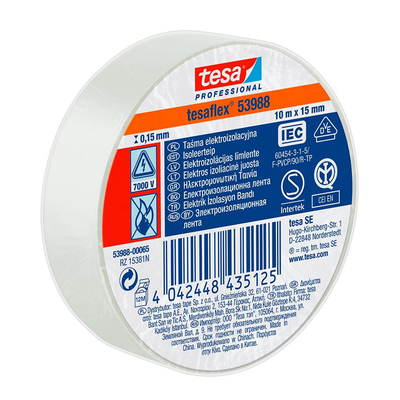 Лента Tesa електроизолационна 15 мм, 10 м, бяла, PVC, Professional ...